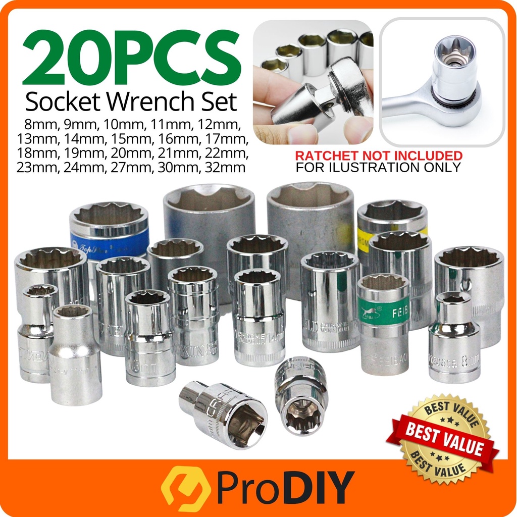 20pcs ( 8mm - 32mm ) 1/2 Inch Socket Wrench Set Impact Socket Set High ...