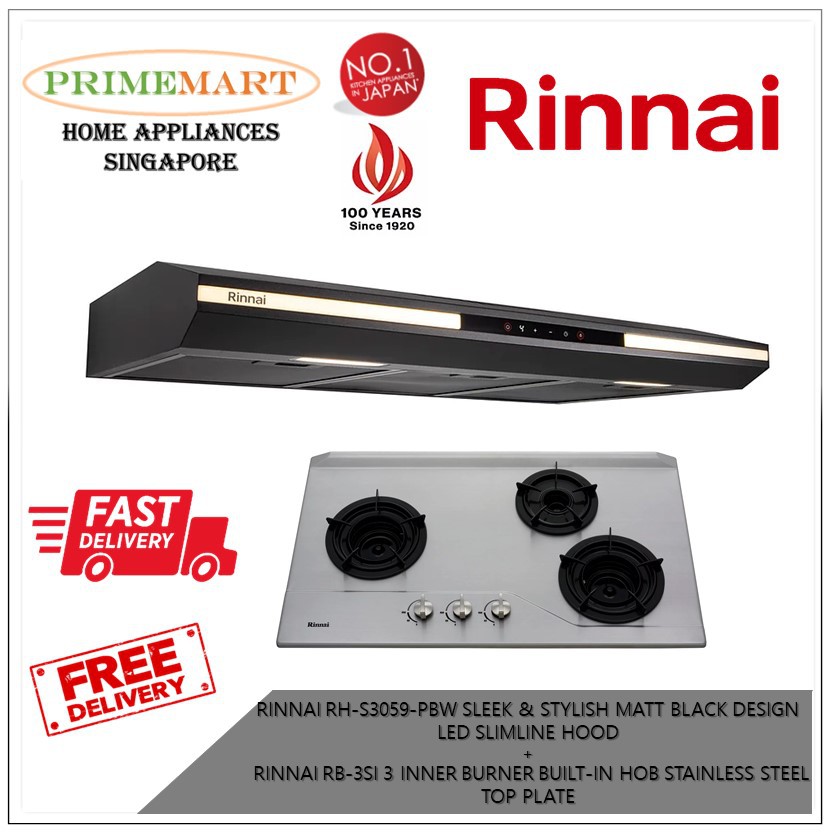 RINNAI RH-S3059-PBW SLIMLINE HOOD+RB-3SI 3 INNER BURNER BUILT-IN HOB BUNDLE DEAL *INSTALLATION ...