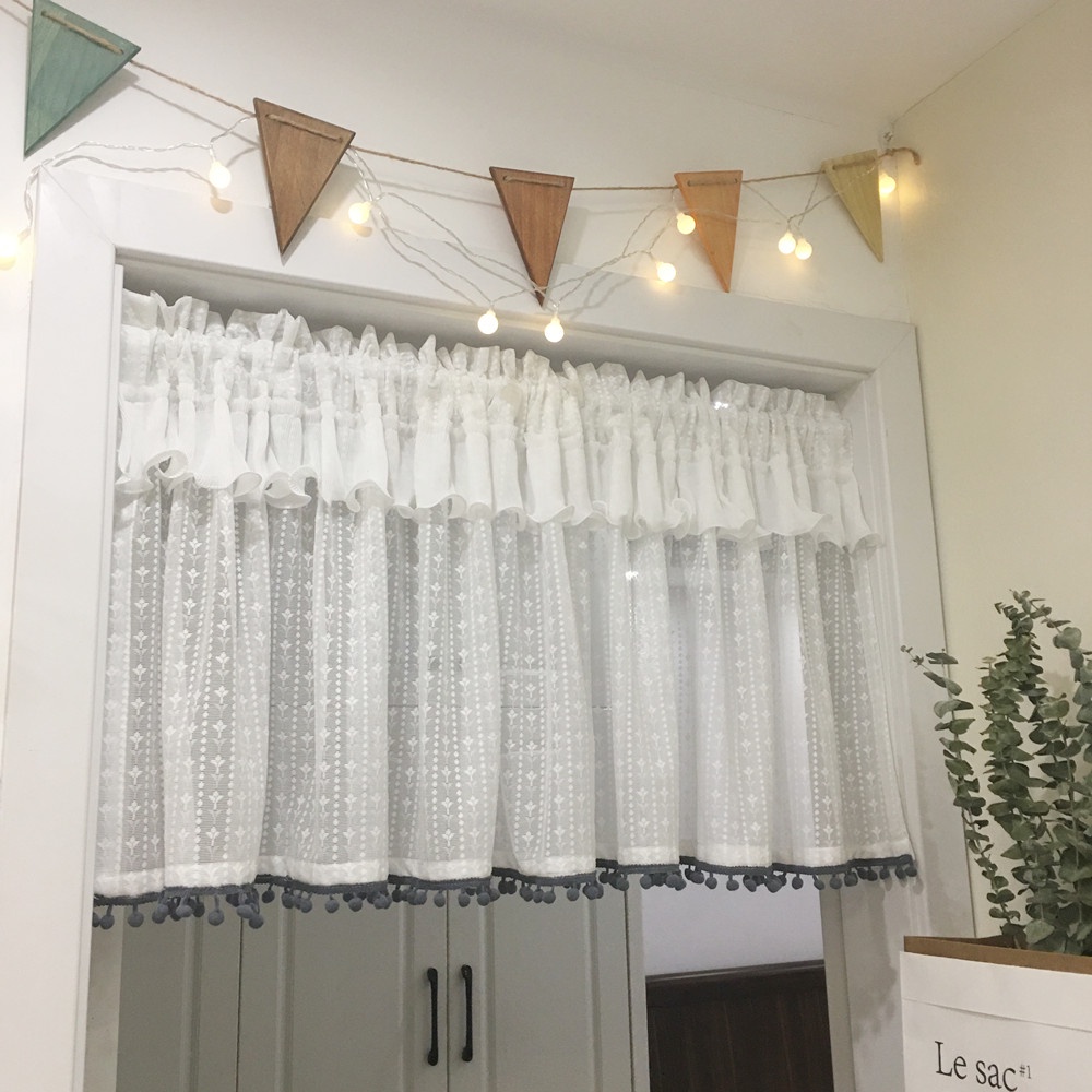 White Striped Semi Sheer Short Curtains for Kitchen Window Rod Pocket ...