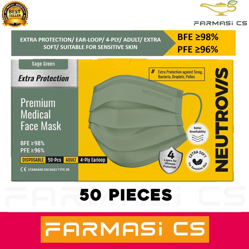 Neutrovis 4 PLY Ear Loop Premium Medical Face Mask ( Sage Green ) 50 ...