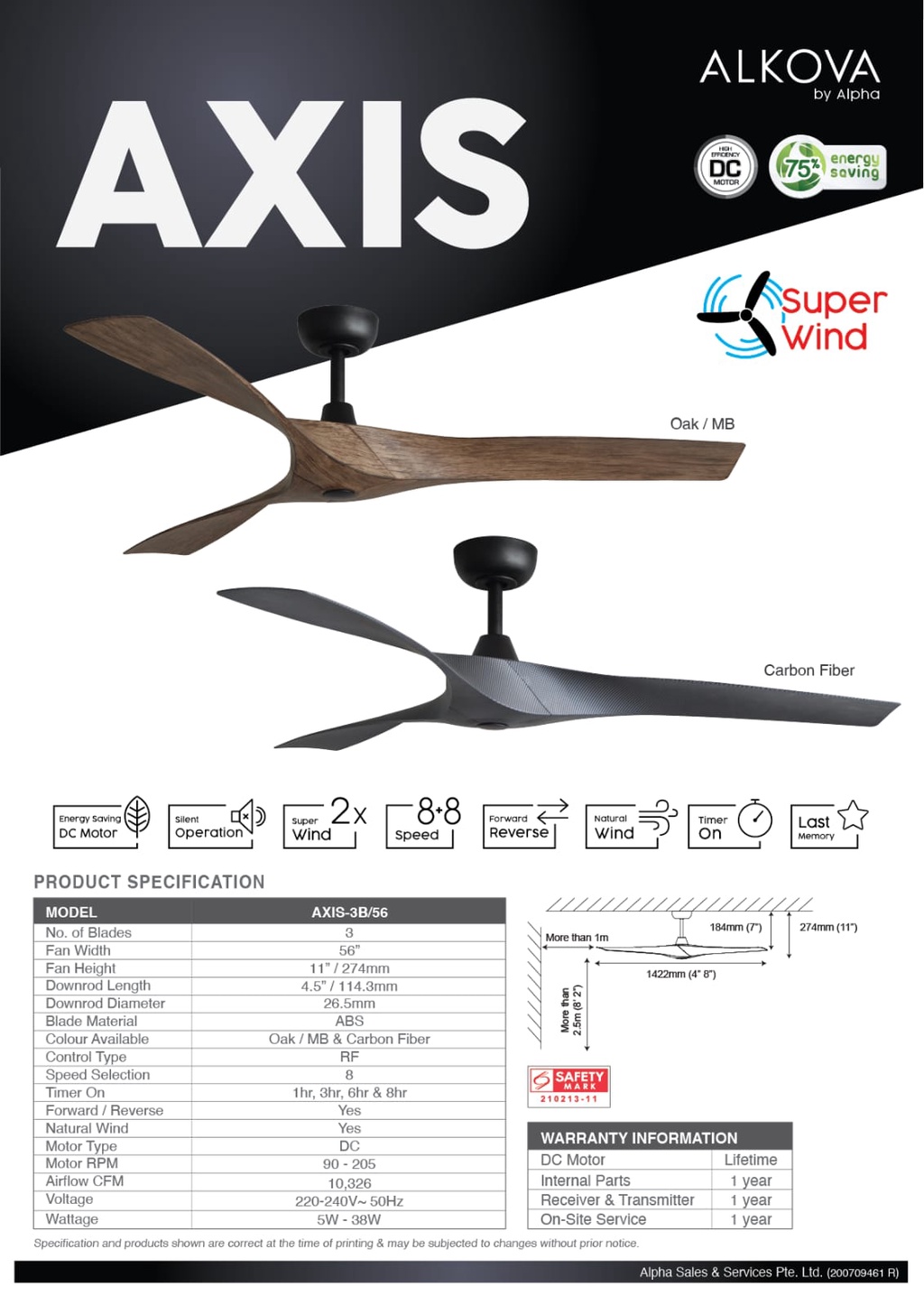 ALPHA AXIS 3 BLADES 56 Inch DC Motor Ceiling Fan with Remote Control ...