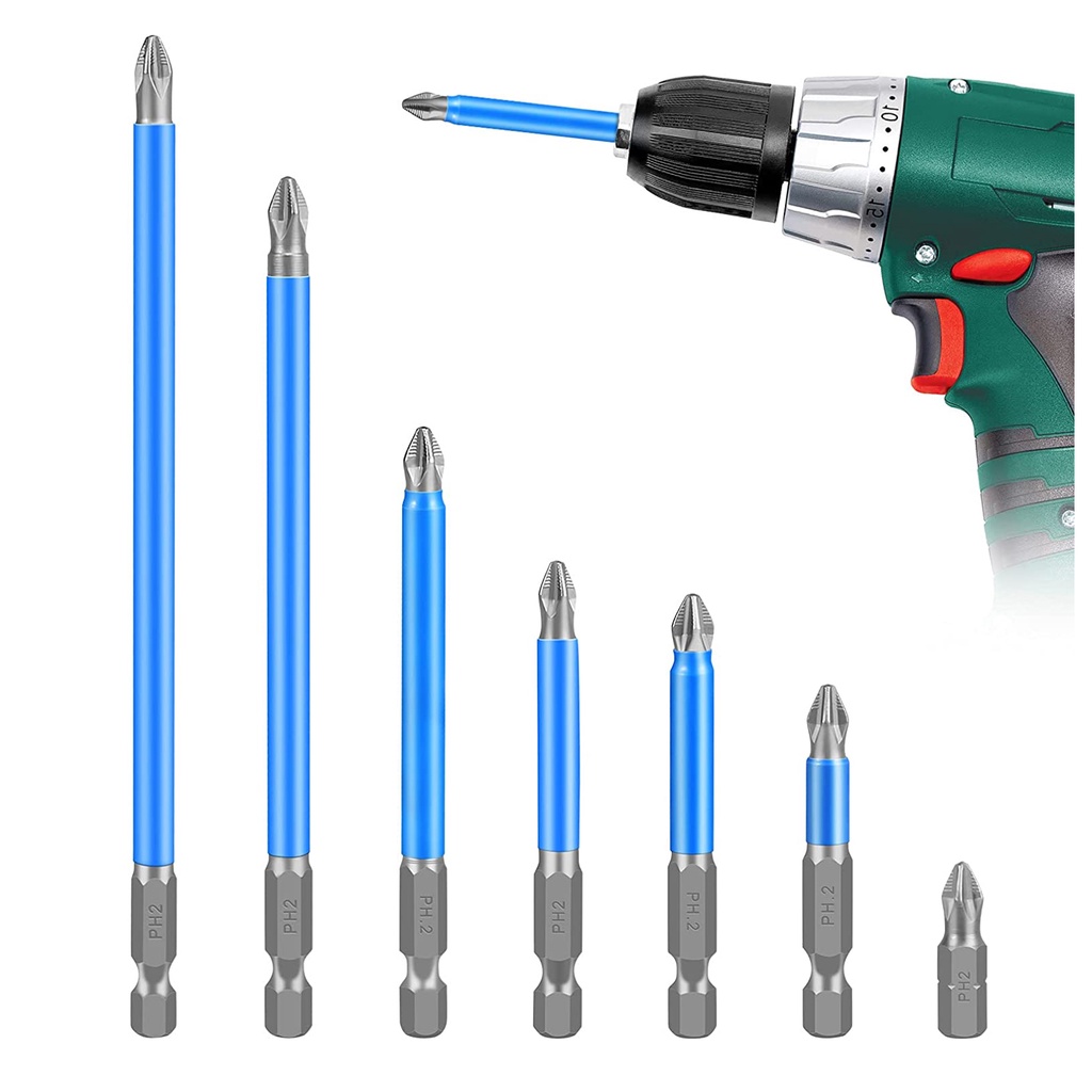 7Pcs PH2 Magnetic Phillips Screwdriver Bit Set 25-150mm Length, 1/4" Hex Shank Cross Head Drive ...