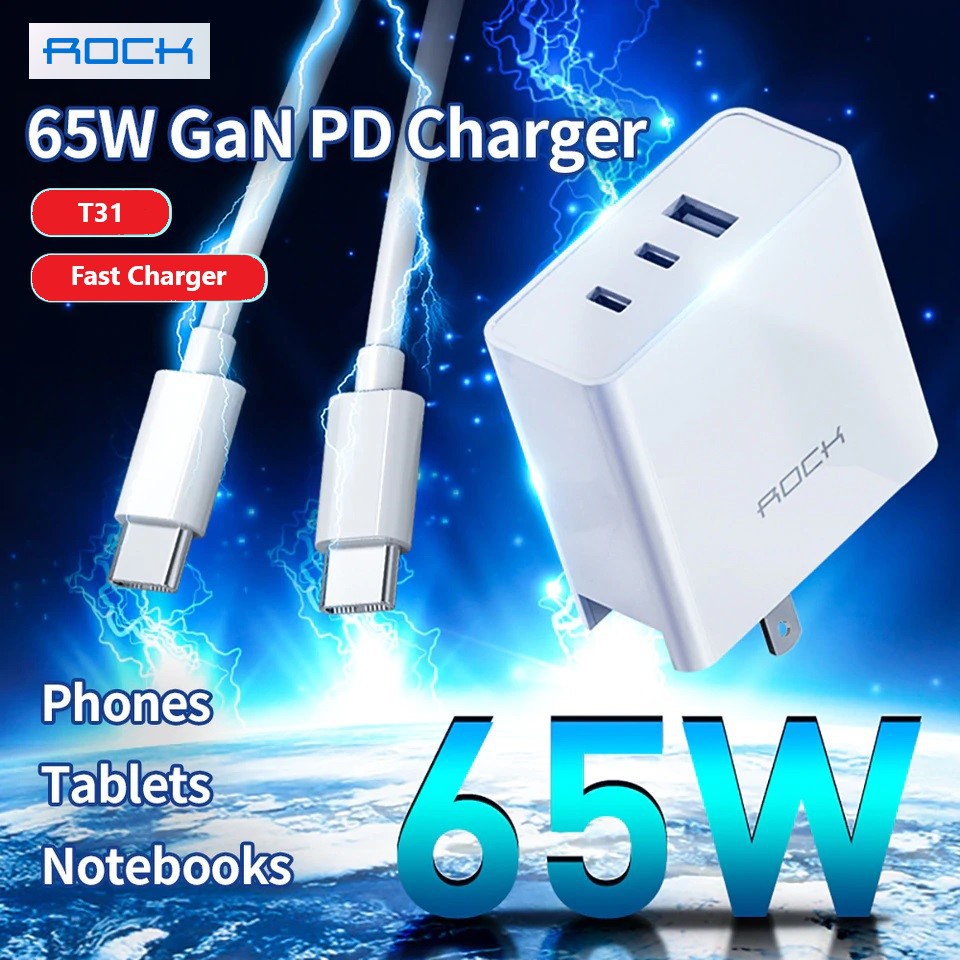 ROCK PD Fast Charger 65W Power GaN PD Fast Charge Dual Type-C + USB-A ...