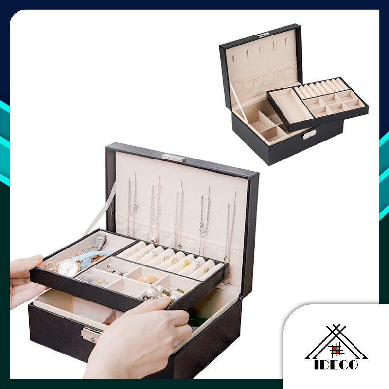 iDECO Double Layer Accessory Organizer Box Leather Watch Jewelry Box ...
