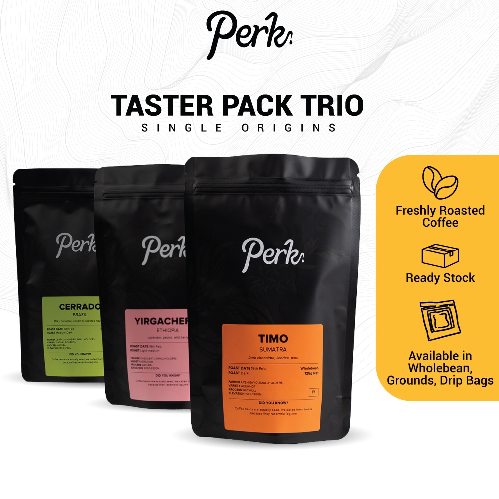 Perk Coffee Taster Pack Trio - Single Origin (Coffee Beans Ground ...