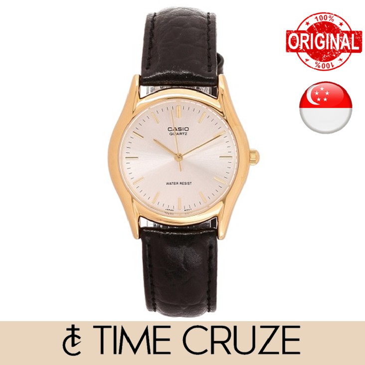[Time Cruze] Casio MTP-1094 Analog Black Leather Strap Gold Tone Dial ...
