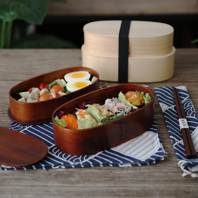 Wooden Japanese Style Lunch Bento Box Double-Layer Dinnerware Workers ...