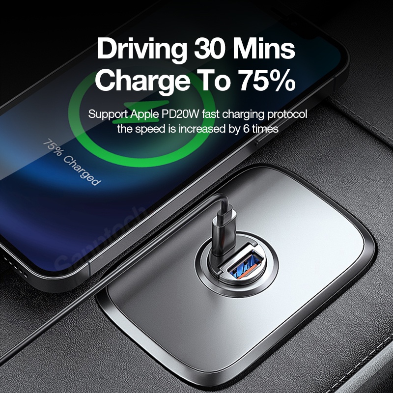 Sanptoch Mini Invisible Car Charger Adapter 60W Fast Charging USB Type C PD30W + QC3.0 Dual Port ...