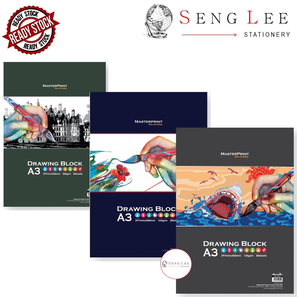 Masterprint A3 Drawing Block / Drawing Pad 135 / 165 / 200 GSM | Shopee ...