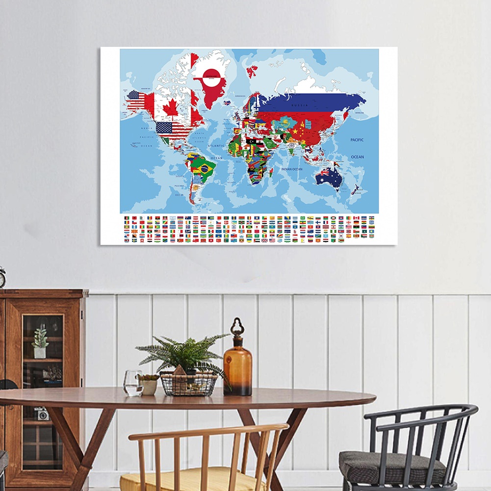 The World Political Map With National Flags Vinyl Canvas Painting Wall ...