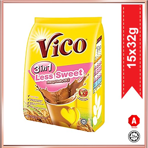 VICO 3 IN 1 LESS SWEET DELICIOUS CHOCOLATE MALT DRINK 15 X 32G | Shopee ...