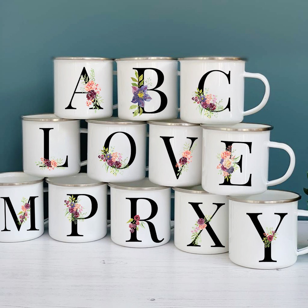 Alphabet Flowers A-Z Enamel Coffee Tea Mugs Home Breakfast Dessert Milk ...