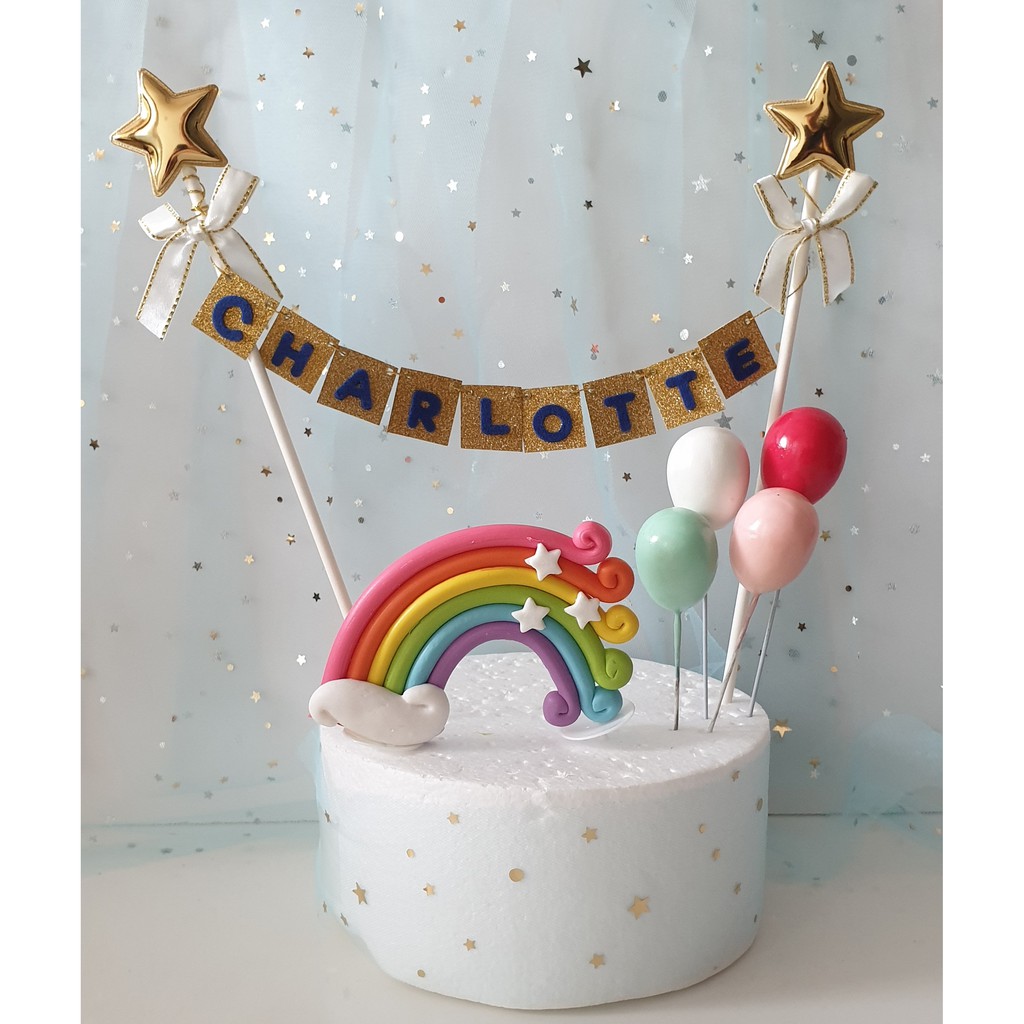 Cake Banner with Customised Name, Rainbow Topper & Balloons|Birthday ...