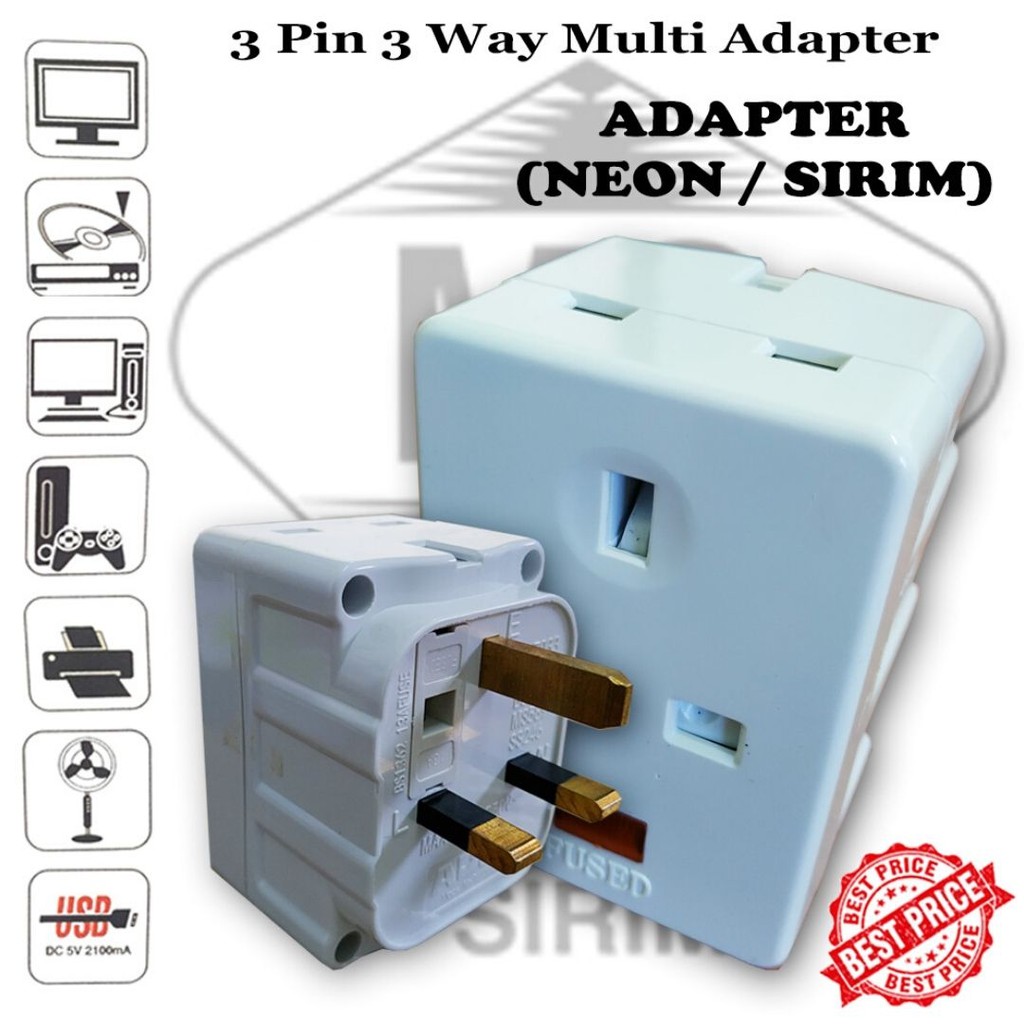 3 Pin 3 Way Multi Adapter (Adapter with Neon/Sirim) | Shopee Singapore