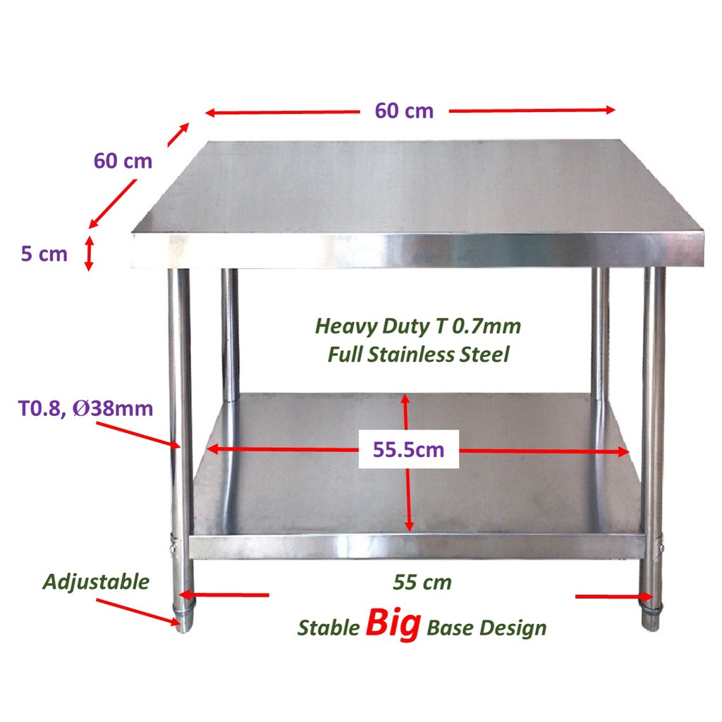 Kizzy 2 Tier Heavy Duty Stainless Steel working Table 2 x 2 ft Meja ...