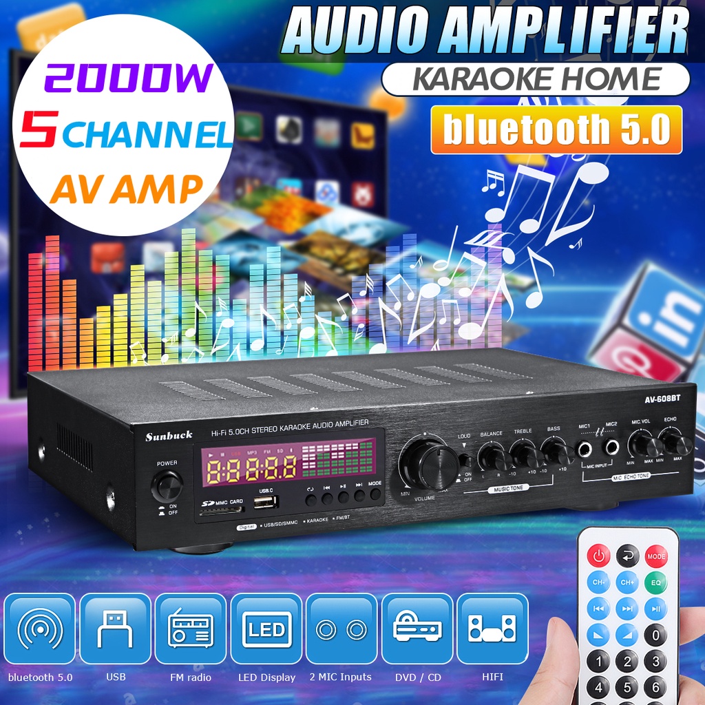 Sunbuck 2000W Digital Power Amplifier Home Theater Karaoke 5 Channel AMP Bluetooth Amplificador ...