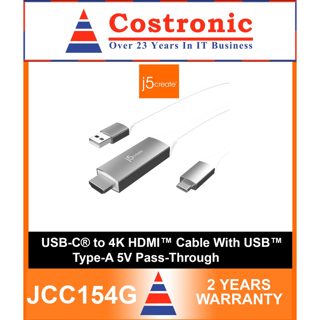 J5CREATE JCC154G USB-C TO 4K HDMI CABLE WITH USB TYPE-A 5V PASS-THROUGH ...