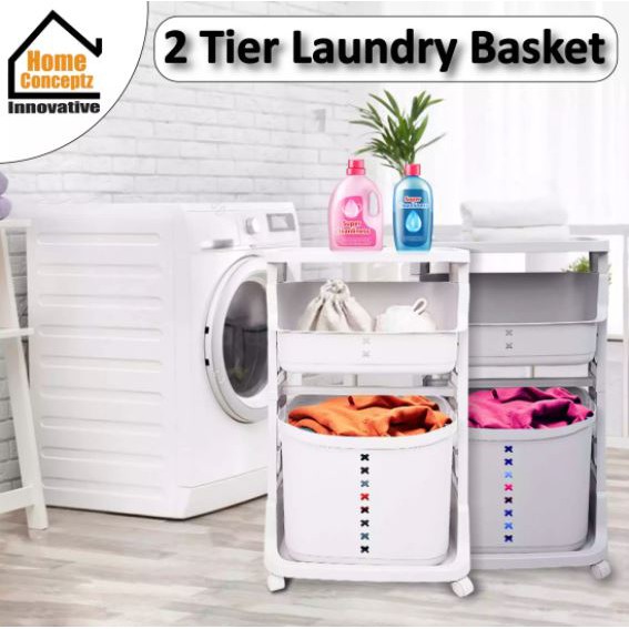 Multi-Purpose 2 Tier Laundry Basket with wheels Utility Cart Storage ...