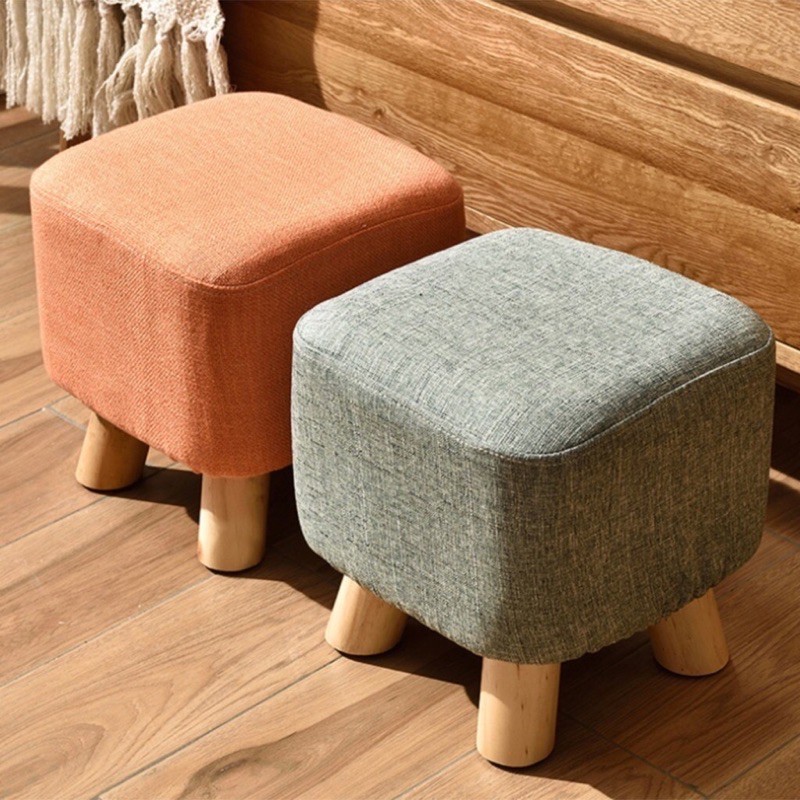 Soft Cushion Wooden Ottoman Stool Chair 4 Legged Round Mini Chair ...