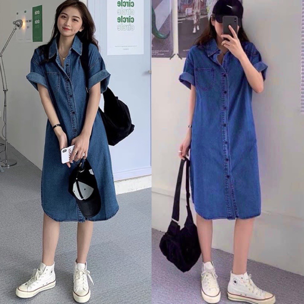 German short-sleeved jeans dress with chest pocket and maternity tie in ...