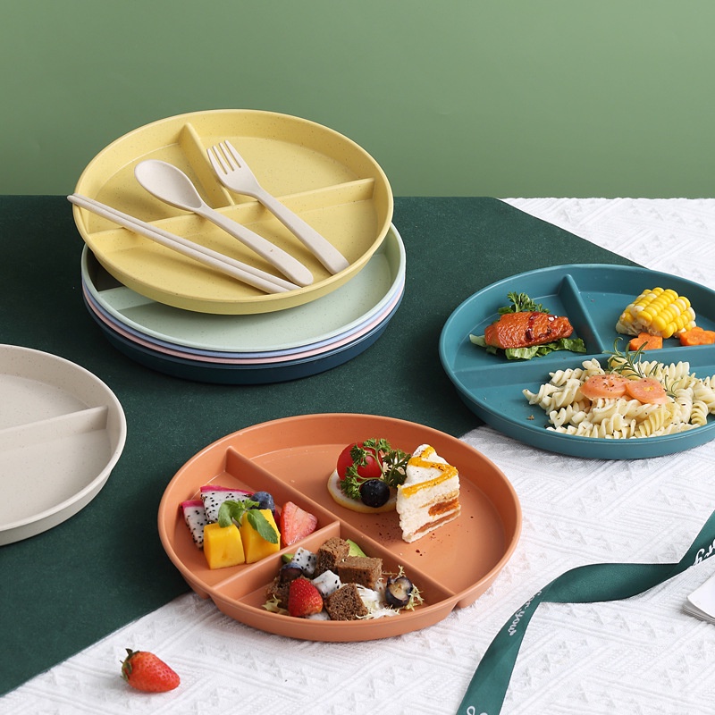 211 divided plate wheat straw creative compartment round plate ...