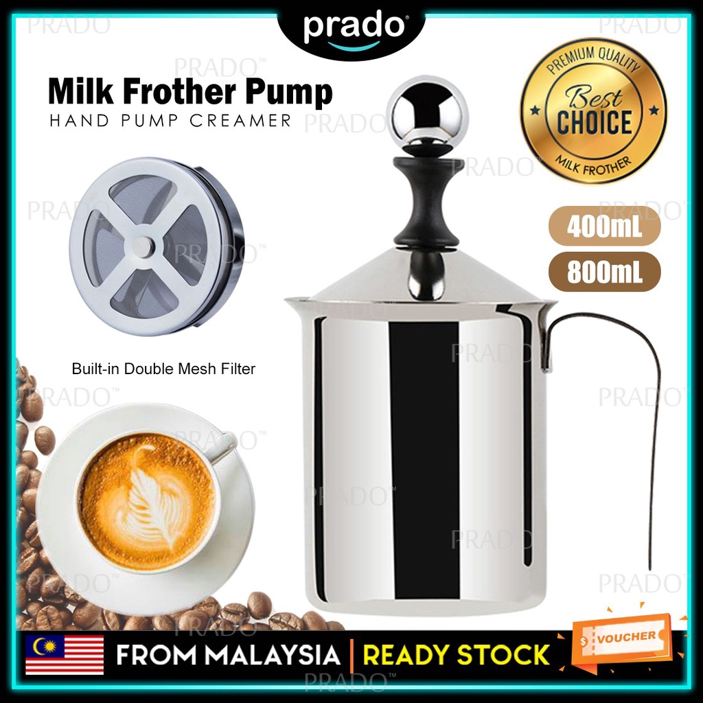 PRADO 800mL Stainless Steel Milk Frother Hand Pump Creamer Coffee Milk ...