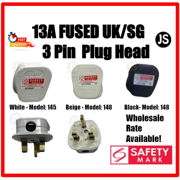 SUM Standard UK/SG Fused 13A Socket White/Black Plug Head with Safety ...