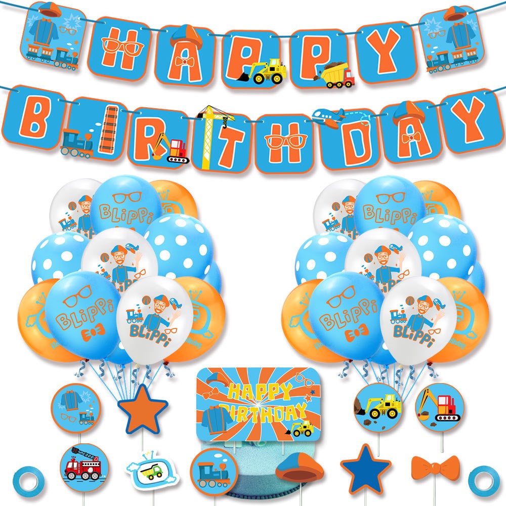 [32pcs] DIY Blippi Themed Happy Birthday Decoration Set Celebration ...