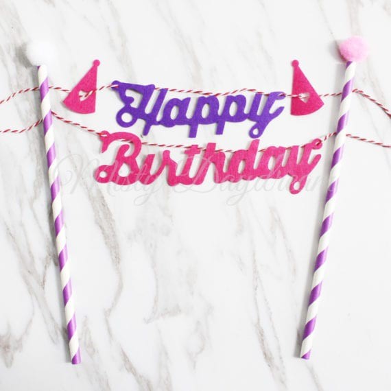 Happy Birthday Purple Pink with Purple Striped Straw Cake Topper ...
