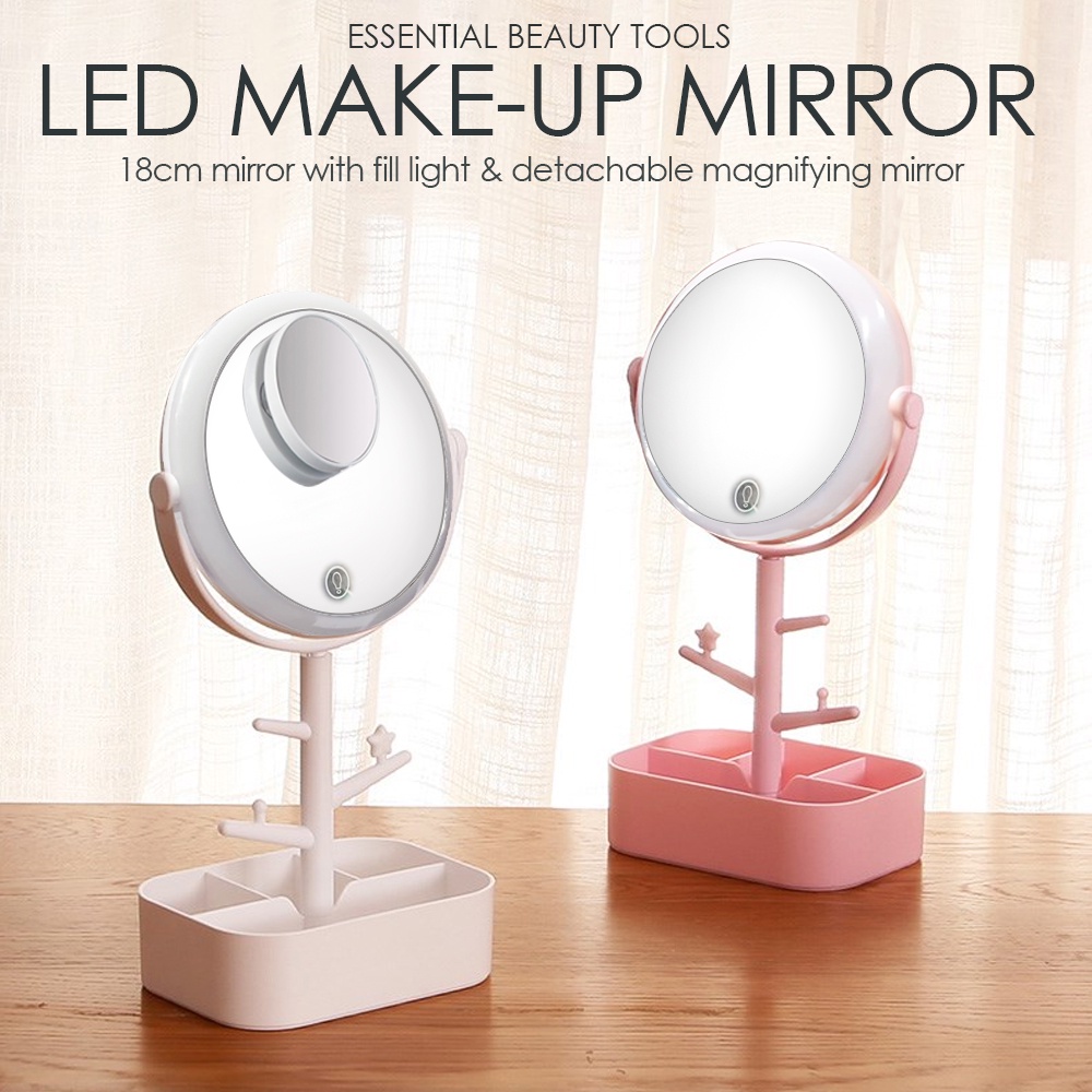 Make Up Mirror Stand And Storage Tray With LED Light | Shopee Singapore