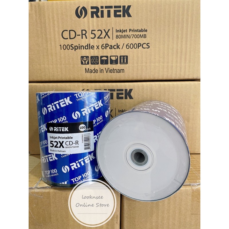 CDR / CD-R Ritek Printable White Matte Surface 52x ~ 100Pcs per Pack ...