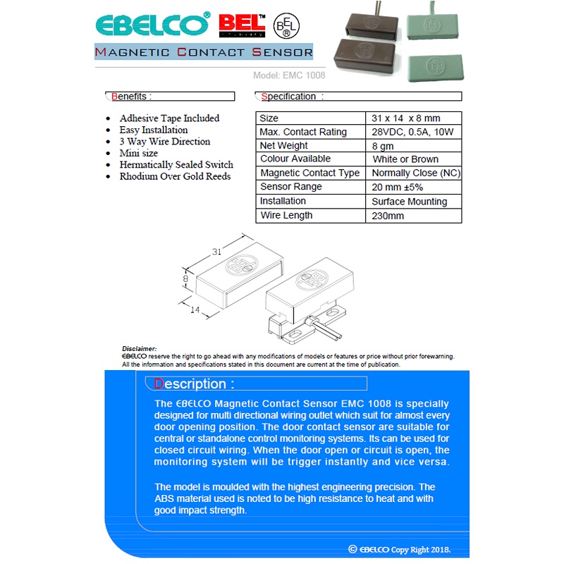 EBELCO EMC 1008 1PC Door Magnetic Contact Sensor (White Door Magnet for ...