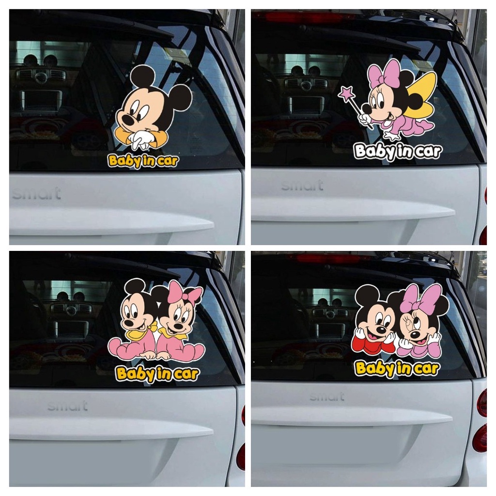 NEW Waterproof Reflective Car Sticker Mickey Minnie BABY IN CAR Car ...