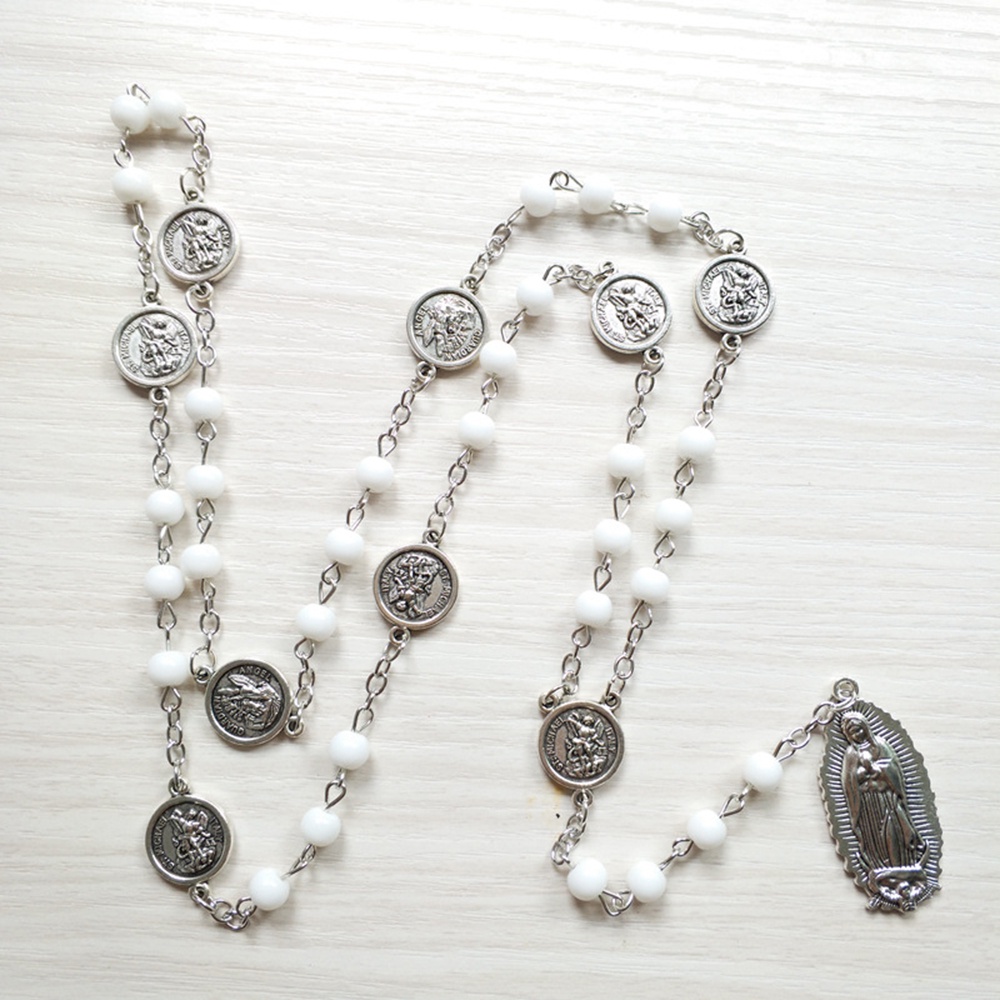 Hail Mary Rosary Necklace White Beads Chain Saint Michael Medal Our ...