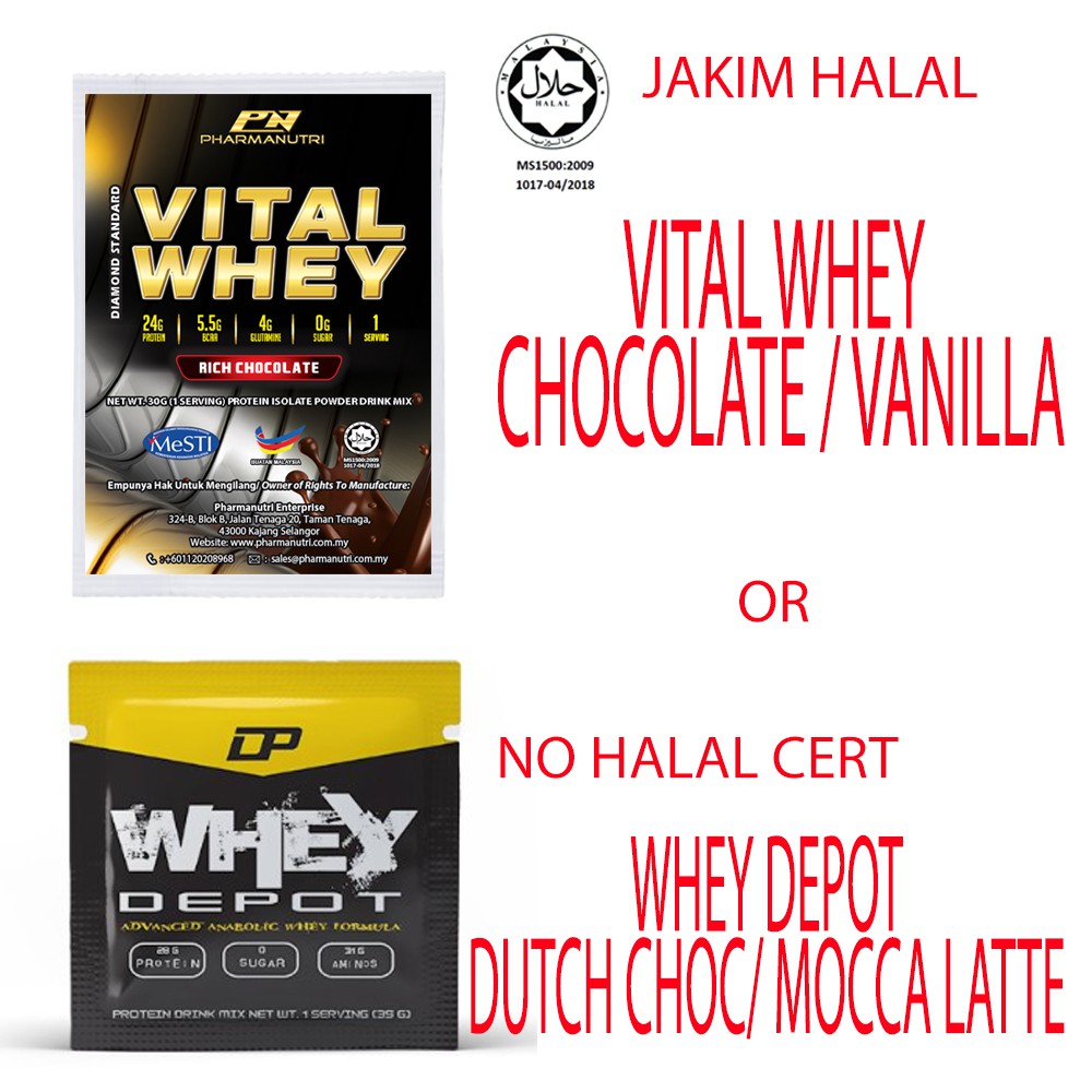 Vital Whey Isolate Jakim Halal Sachet (30g), 24g Protein Isolate 0g Sugar or Whey Protein DP ...