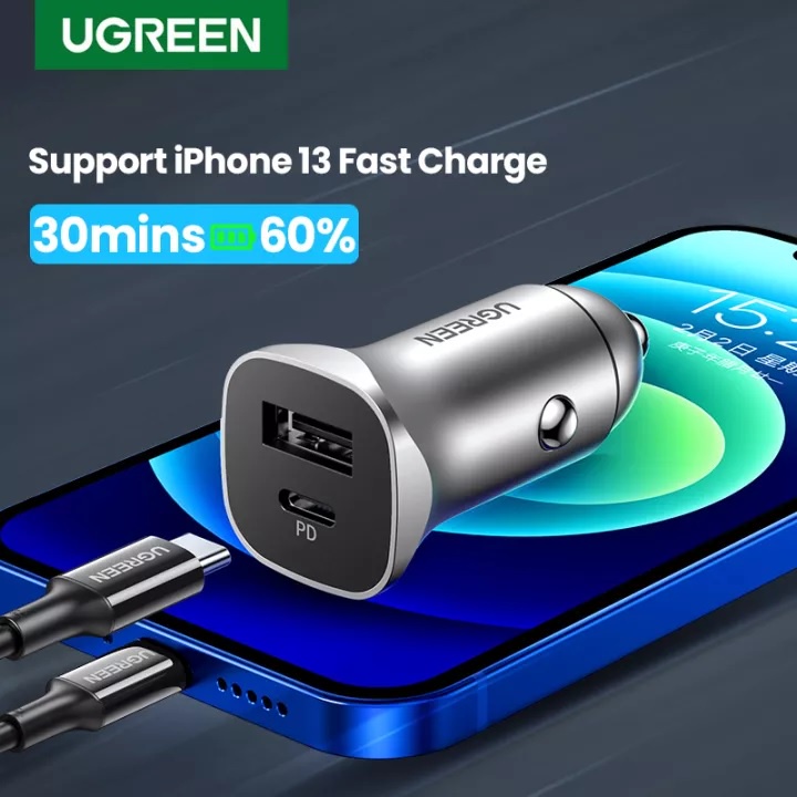 Ugreen Car Charger iPhone Dual Port USB A USB C 30W Fast Charging ...