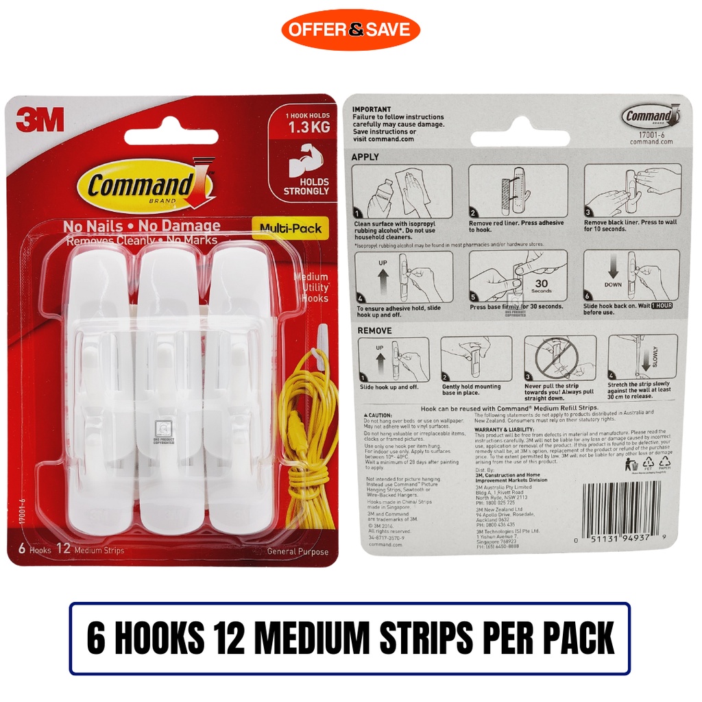 [Local Set] 3M Command General Purpose Hooks Ceiling Hooks Clothes Hook ...