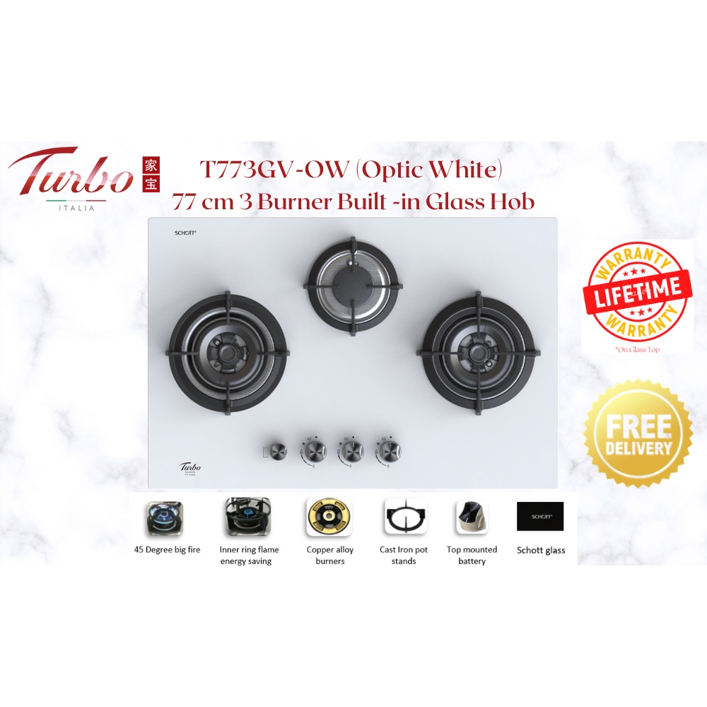 Turbo Italia - Turbo Incanto T773GV-OW 77cm 3 burners built-in glass hob | Shopee Singapore