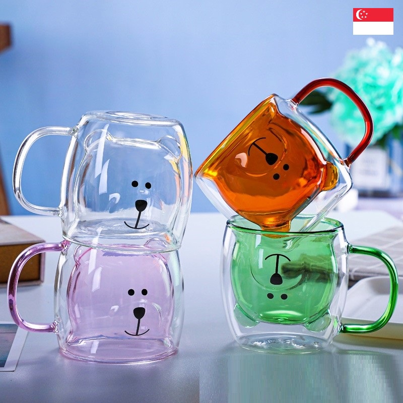 High Borosilicate Glass Double Layers Cup with Handle Brown Bear and ...