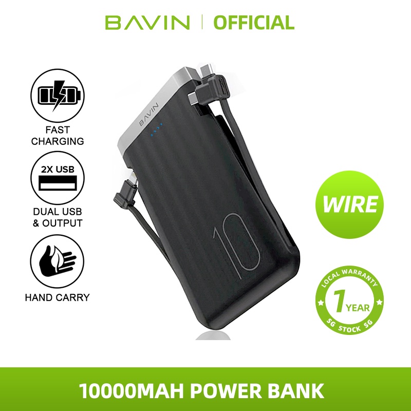 BAVIN 10000mAh Powerbank Built-in 3 in 1 Cable for Micro USB Lighting ...