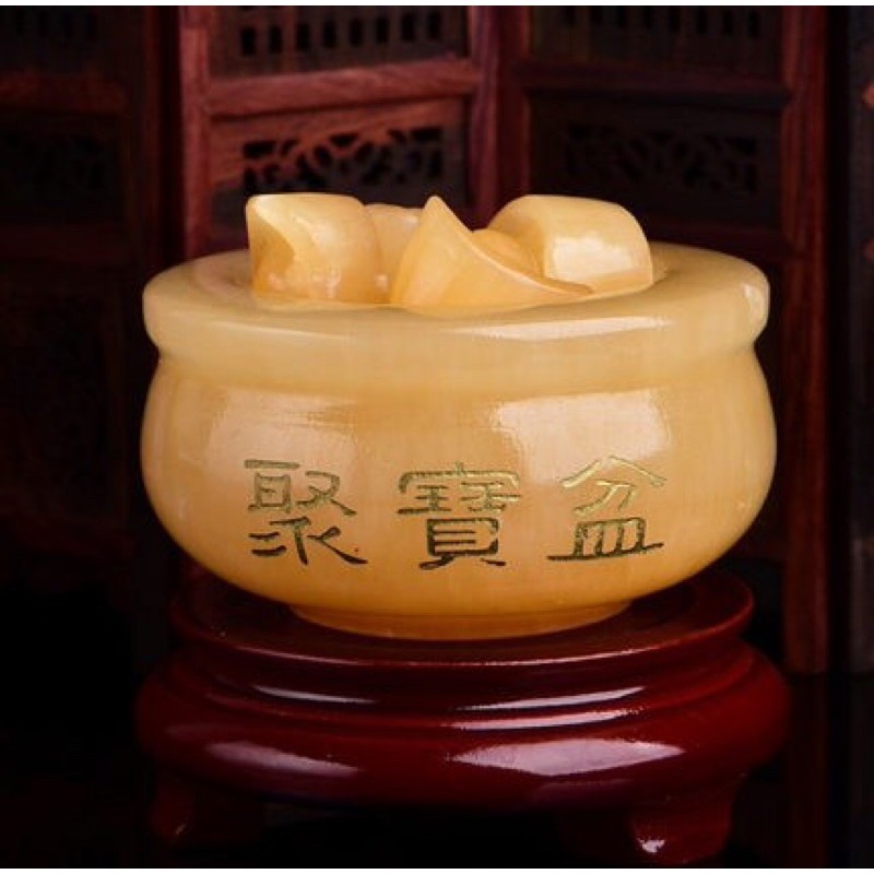 Yellow Jade Wealth Pot Fortune Money Bowl Crystal Fengshui Display ...