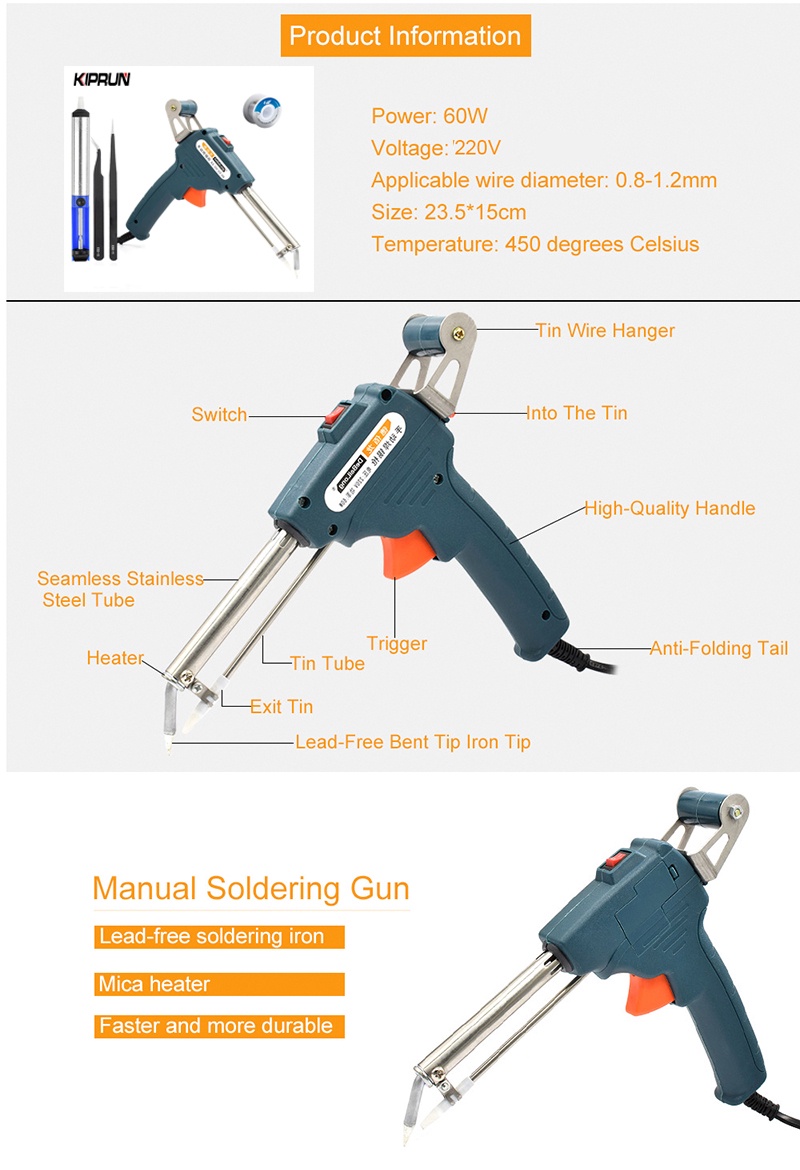 KIPRUN Auto Welding Automatic Feed Soldering Iron Gun, 220V 60W Electric Temperature Tool ...