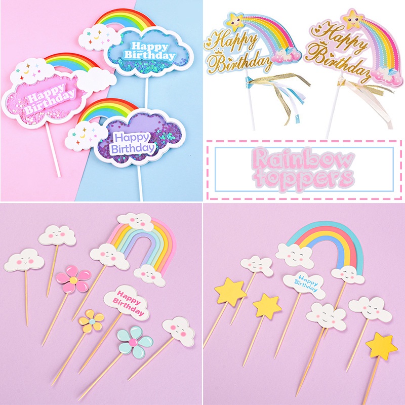 🇸🇬 Rainbow topper happy birthday blue pink cake topper with ribbon cake ...