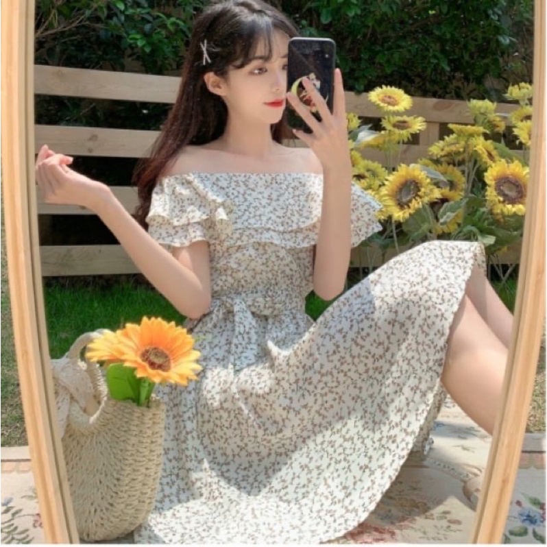 Korean ulzzang flat-shoulder floral dress with bow waist in 4 colors ...