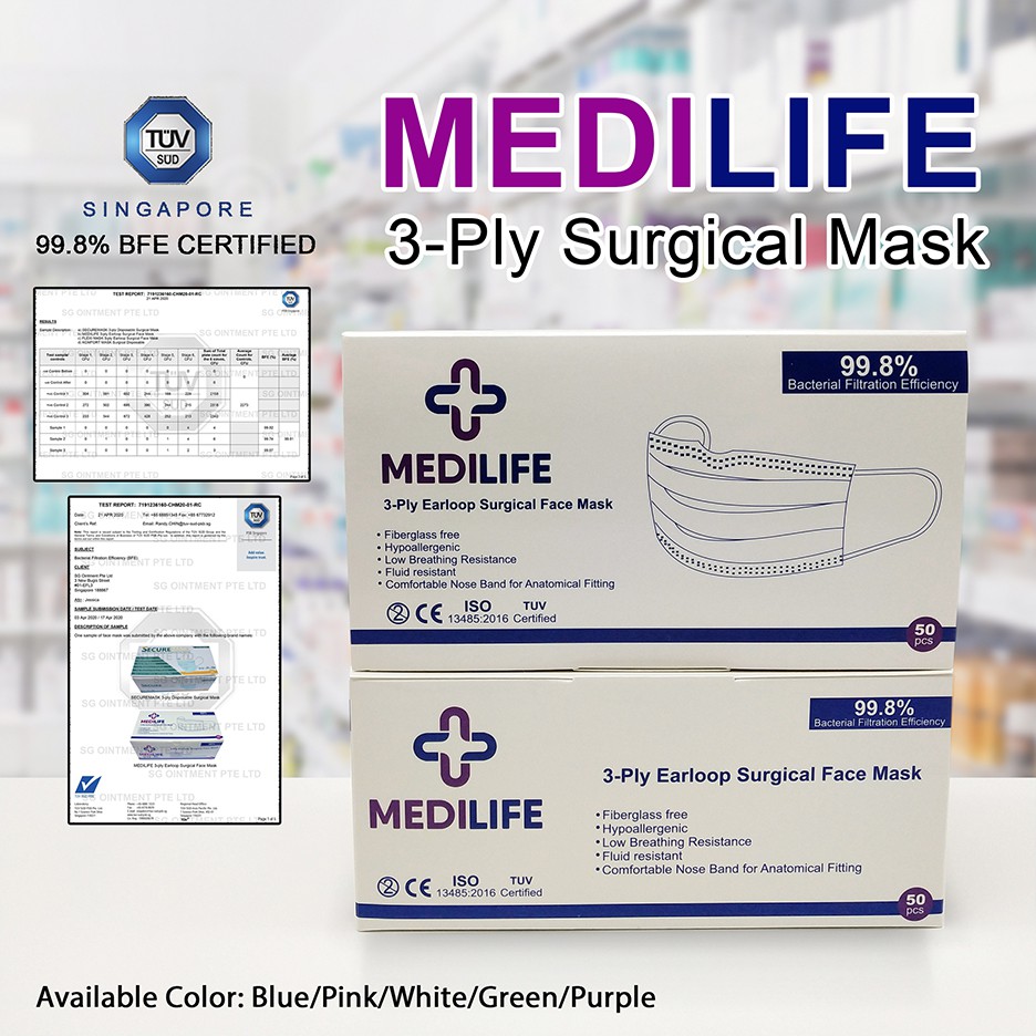 Medilife Surgical Disposable Face Mask 50pcs (Blue/Pink/White/purple ...