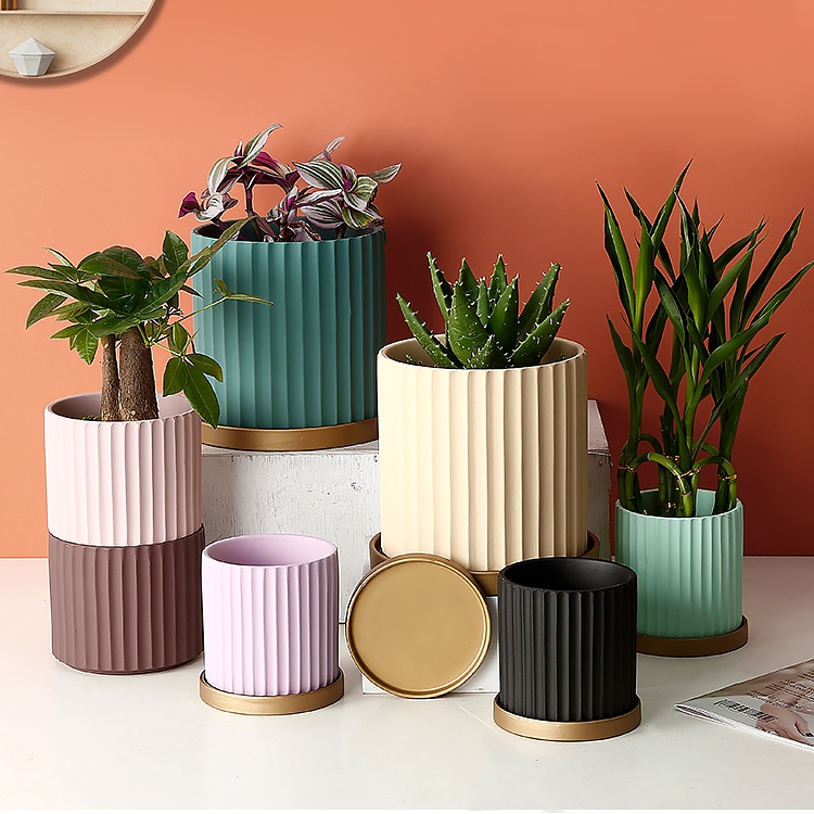 Colorful Striped Ceramic Flowerpot With Tray Nordic High Sense Interior ...