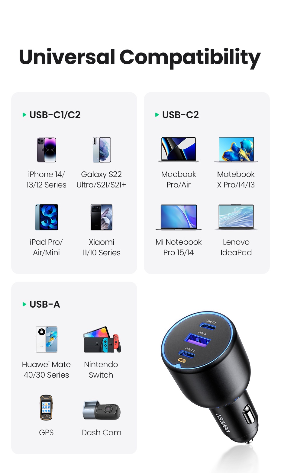 UGREEN 130W Car Charger Quick Charging PD3.0 Fast USB Type C Car Phone Charge Suitable for ...