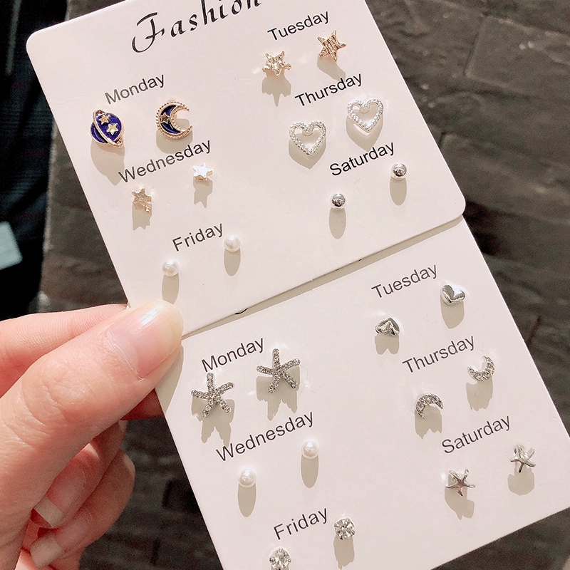 6 Pairs INS Popular One-week Earrings Set / Cute Korean Pearl Crystal ...