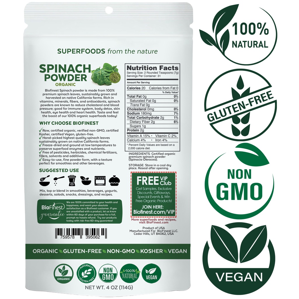 Biofinest Spinach Powder Pure Freeze Dried Superfood 4 oz | Shopee ...