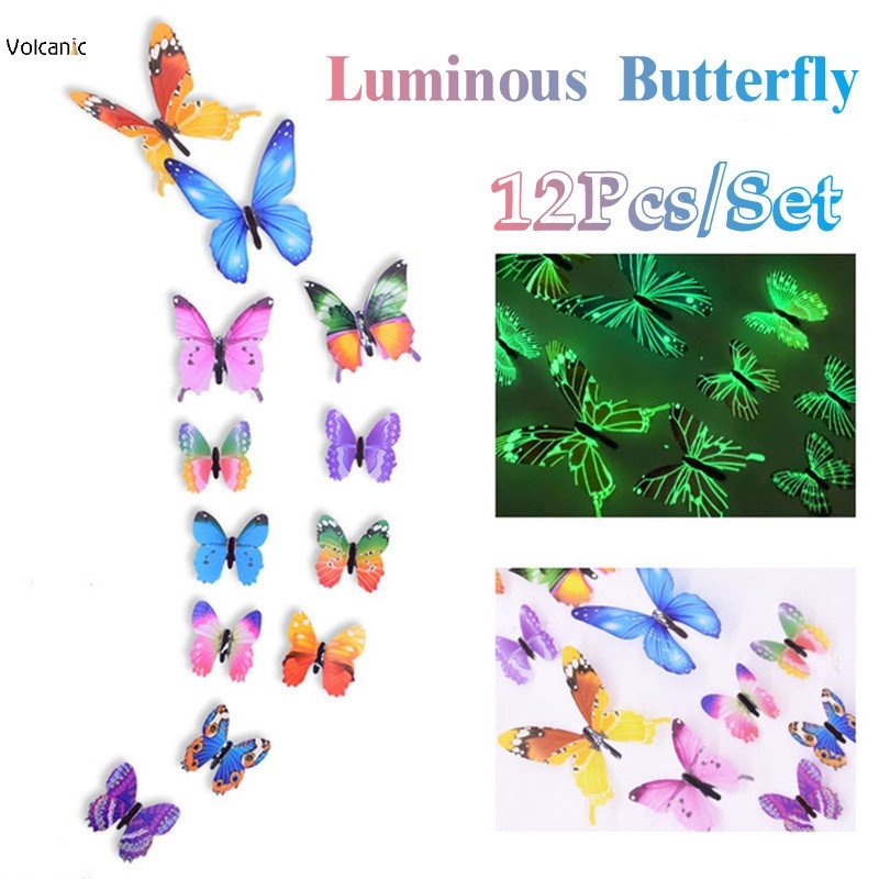 12Pcs/Set Luminous Butterfly Wall Sticker Glow In The Dark Fluorescent ...